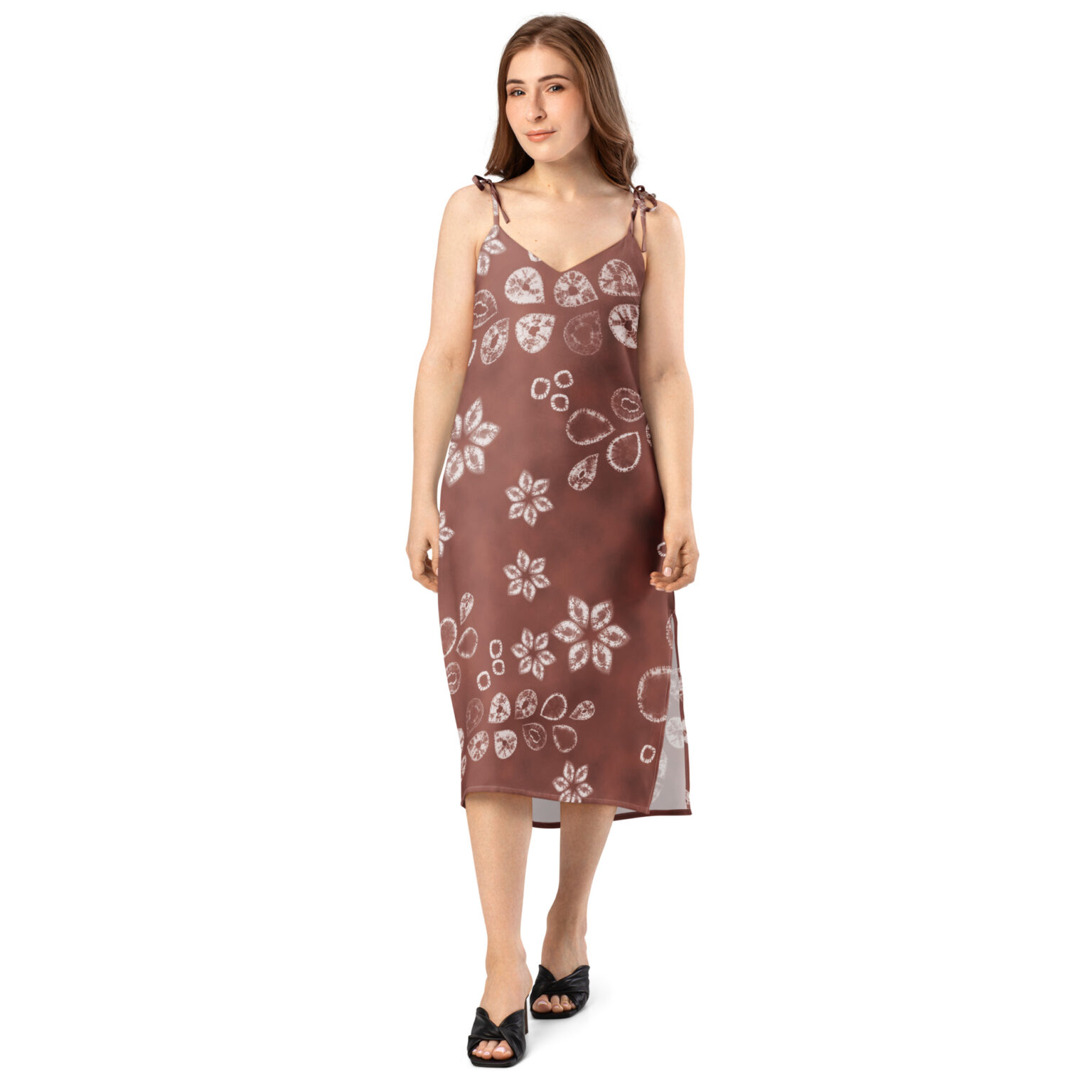 Rusty Red floral leaf shibori Tie-strap midi dress - Atelier Miyabi