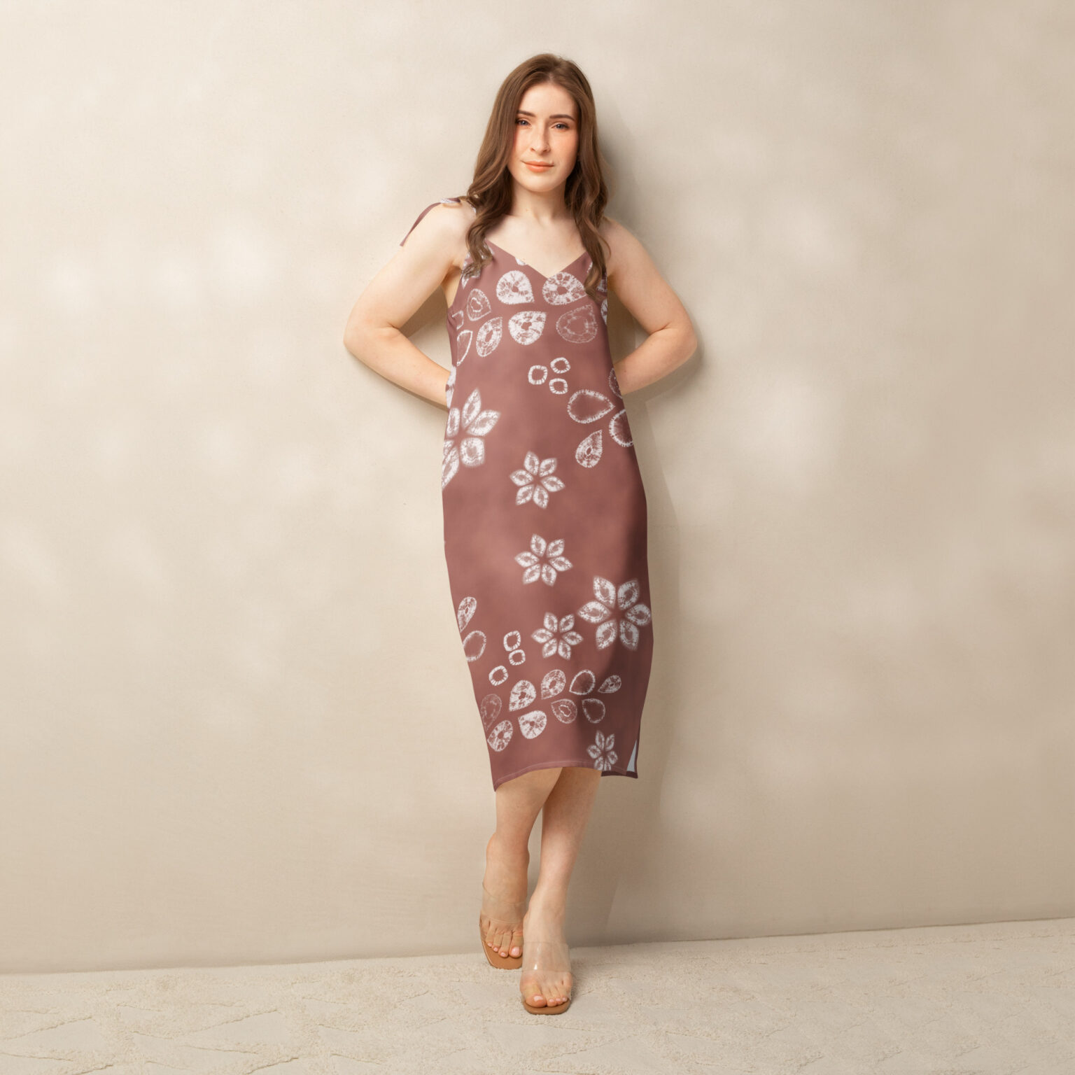Rusty Red floral leaf shibori Tie-strap midi dress - Atelier Miyabi