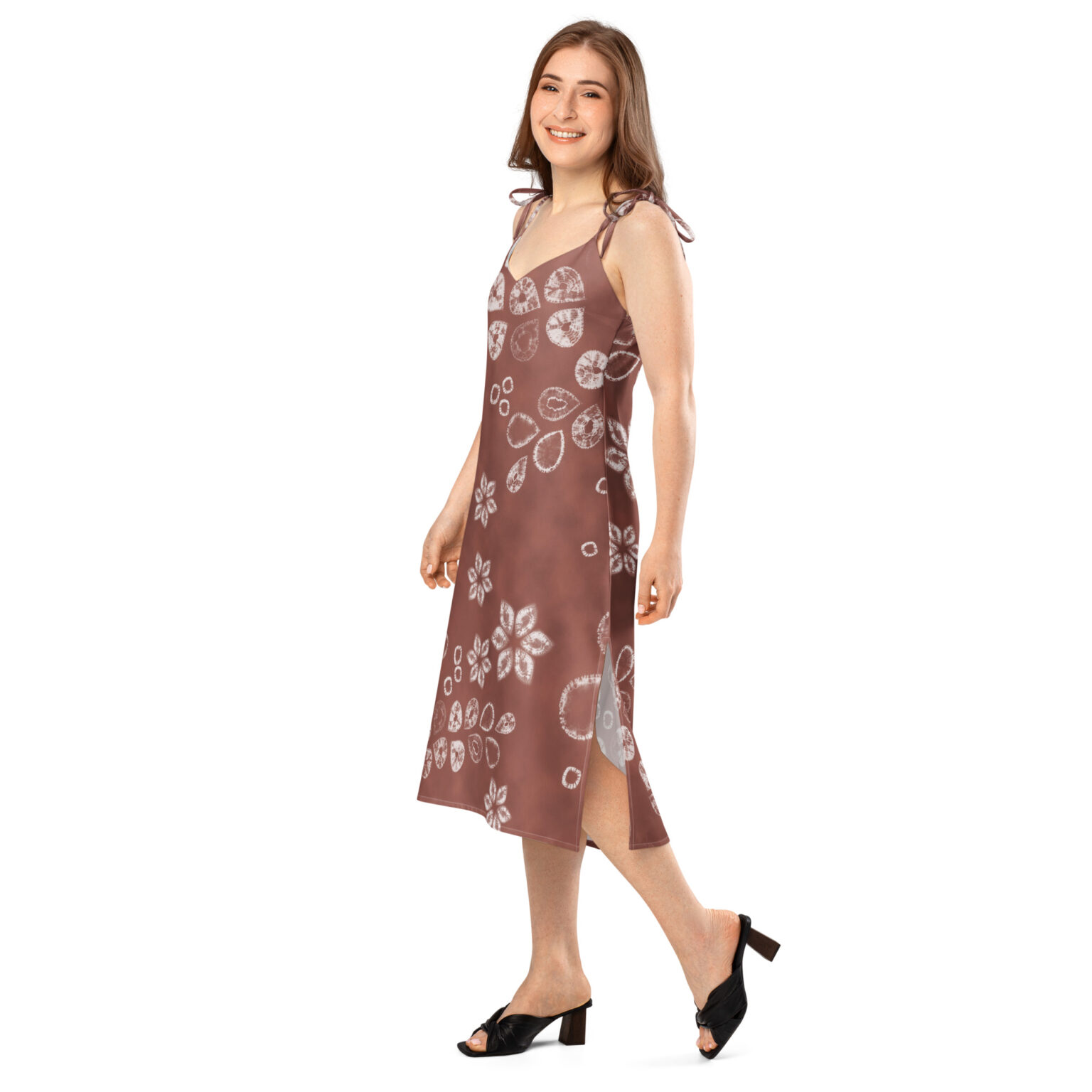 Rusty Red floral leaf shibori Tie-strap midi dress - Atelier Miyabi